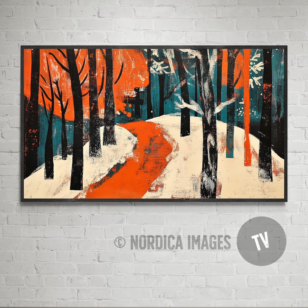 Modern Folk Art Winter Forest Landscape Painting, Snowy Woods Nature ...