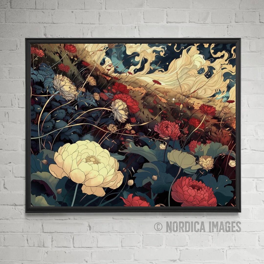 Dramatic Flower Meadow, Modern Contemporary Wall Art, Botanical Scene ...