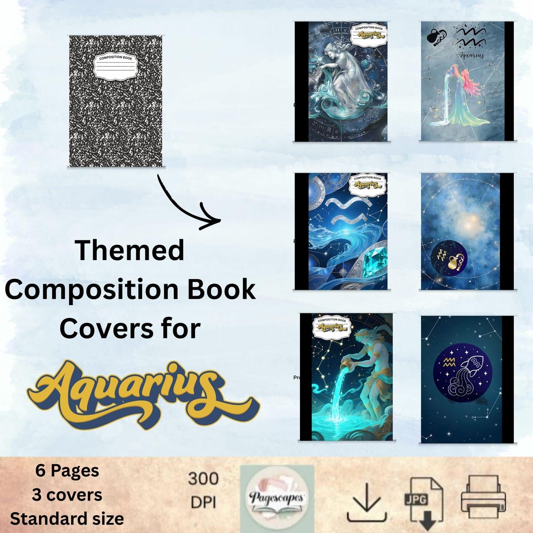 Aquarius Composition Book Cover Printable | Zodiac Notebook Sticker ...
