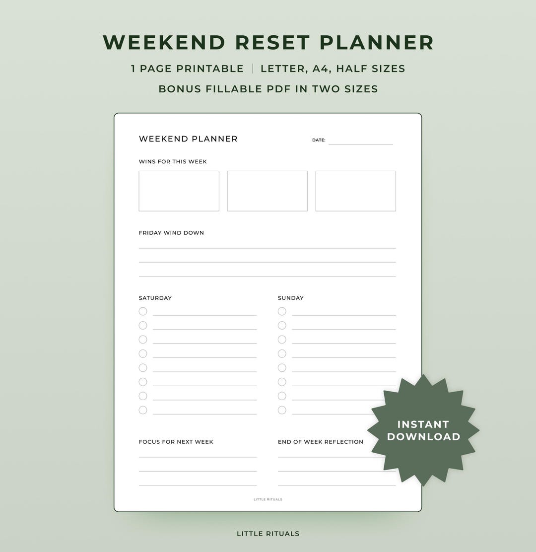 Weekend Reset Planner | Friday-sunday Schedule (fillable PDF) - Etsy