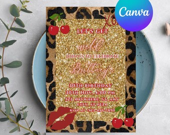 Cheetah Leopard Print Birthday Invite, Cherries, Editable, Black and ...