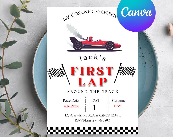 Race Car First Birthday Invitation, First Lap Around the Track ...