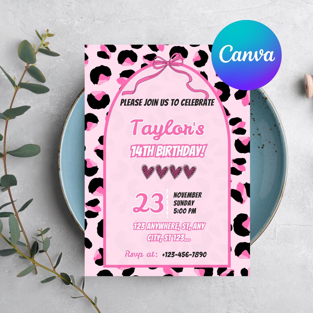 Cheetah Print Birthday Invitation: Pink Bow Coquette Party Invite - Etsy