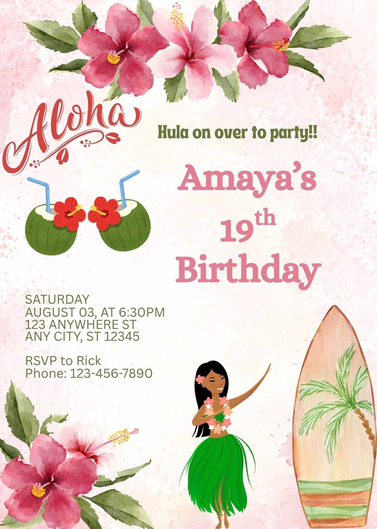 Aloha Birthday Invitation Template, Hula on Over Birthday Theme ...