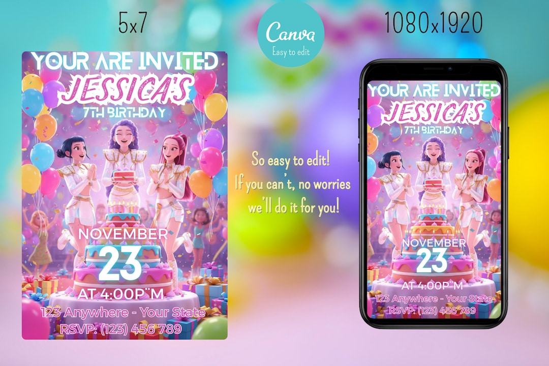 Kpop Demon Hunters Birthday Invitation Easy Editable Canva Template HQ ...
