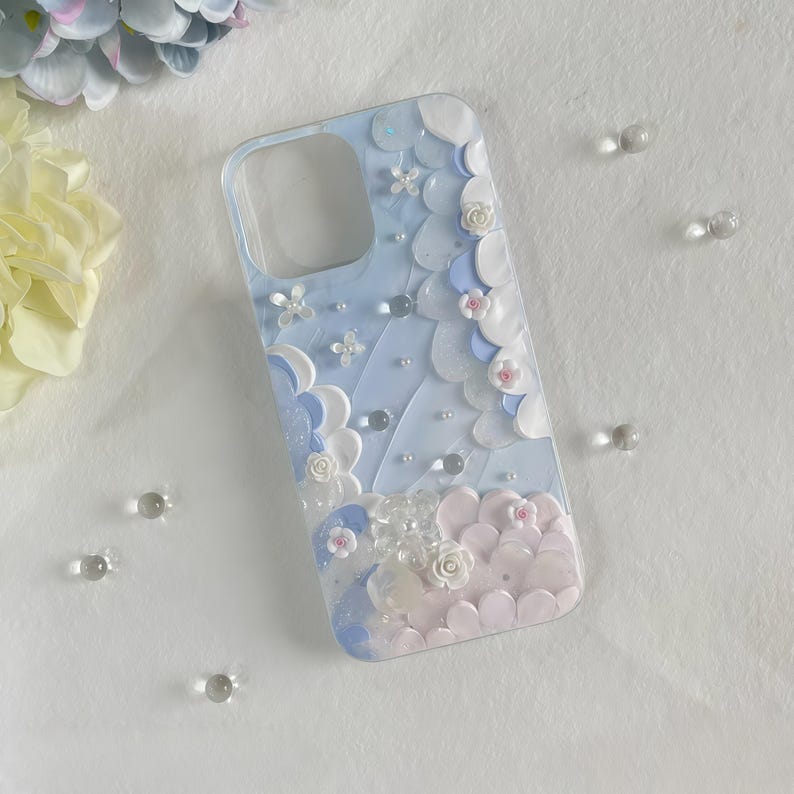 Decoden 3D Flower Phone Case Pastel Blue Pearl Soft Girl Design - Etsy