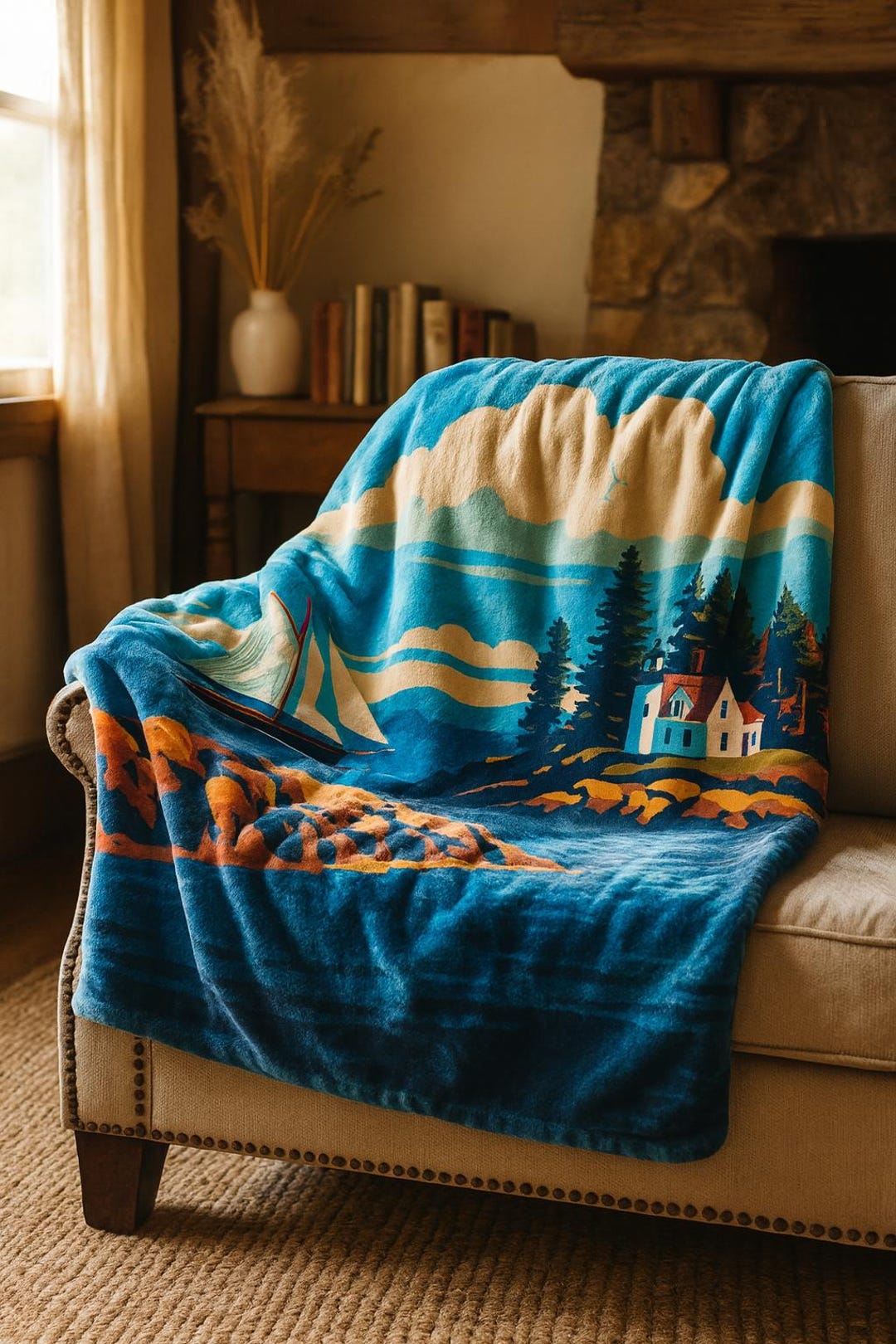 Curtis Island Lighthouse Sherpa Blanket, Camden Harbor Maine Fleece ...
