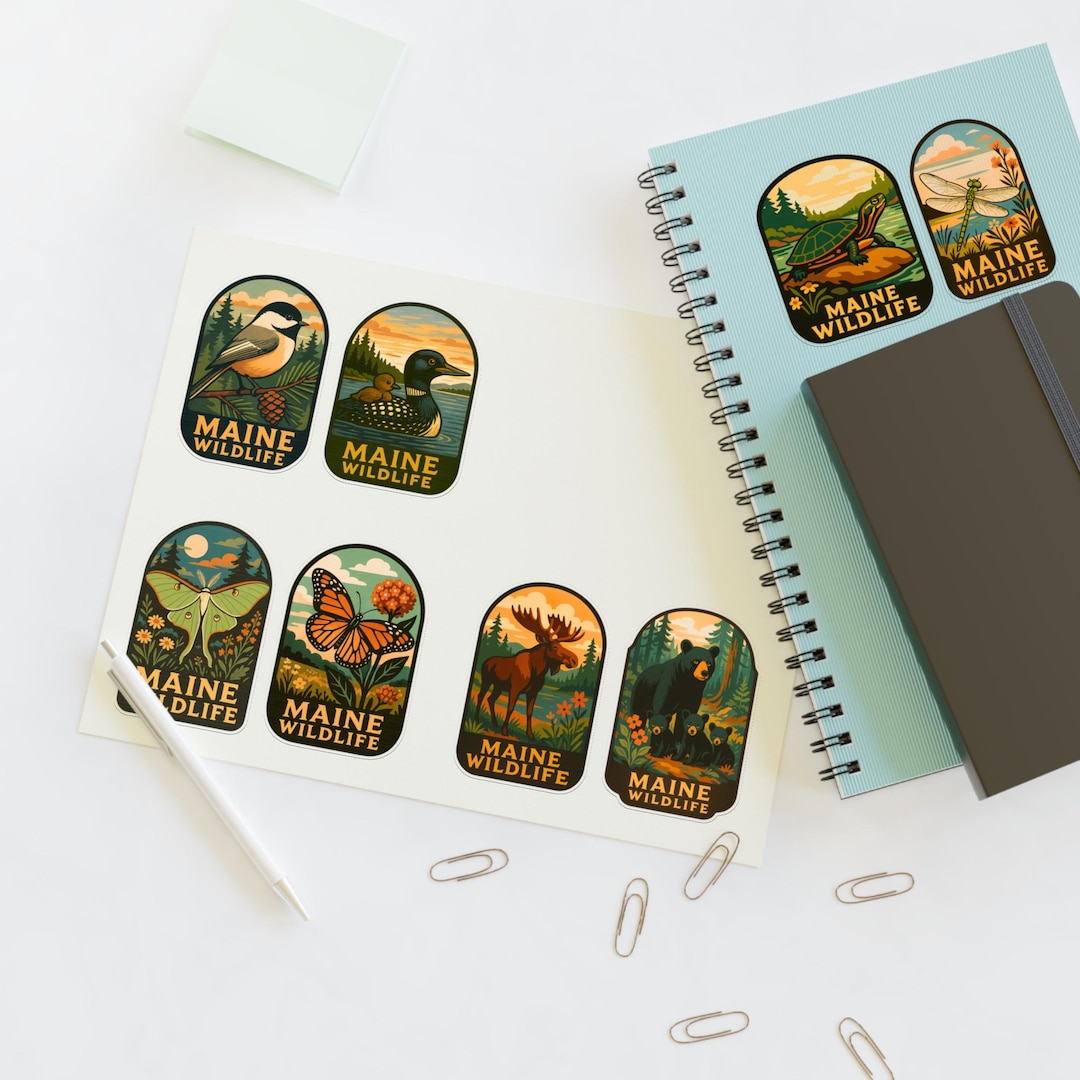 Maine Wildlife Sticker Sheet – Retro Die Cut Vinyl Stickers, Forest ...
