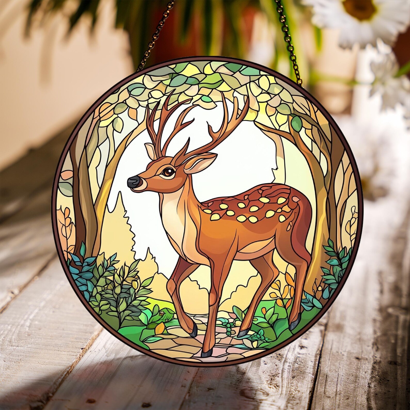 Deer Buck Stained Glass Suncatcher Window Hanging Rustic Cabin Decor ...