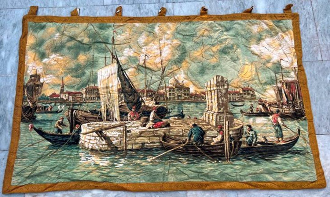 Vintage French Pictorial Tapestry Wall Hanging: Ship in Sea View ...