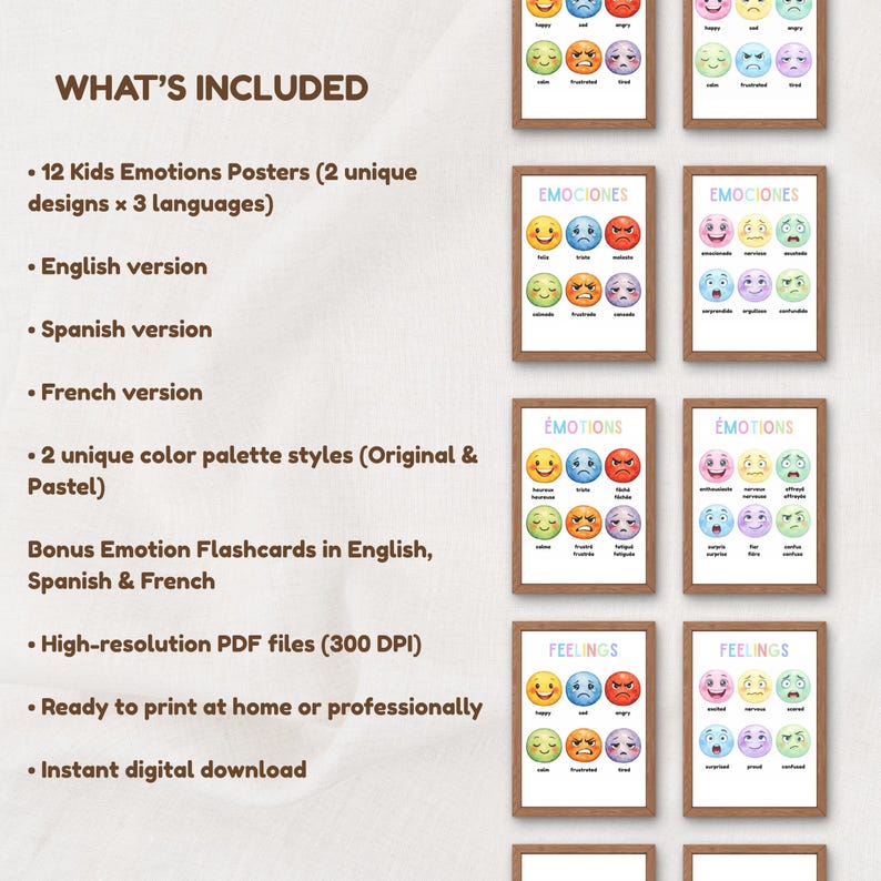 French Emotions Chart Poster, Watercolor Feelings Print, Multilingual ...