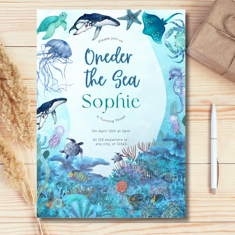 Oneder the Sea Invitation, Sea Animals Invitation Template, Nautical ...
