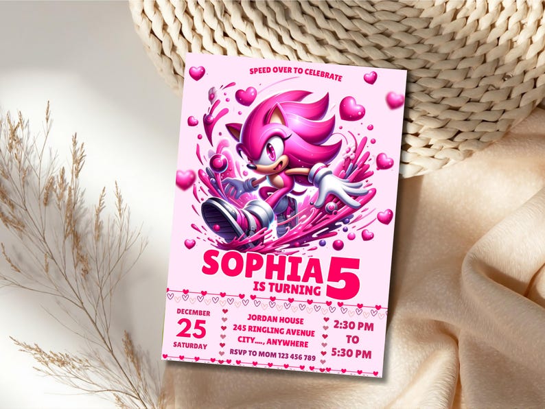 Sonic Birthday Invitation Template, Editable Amy Rose Invite, Sonic 3 ...