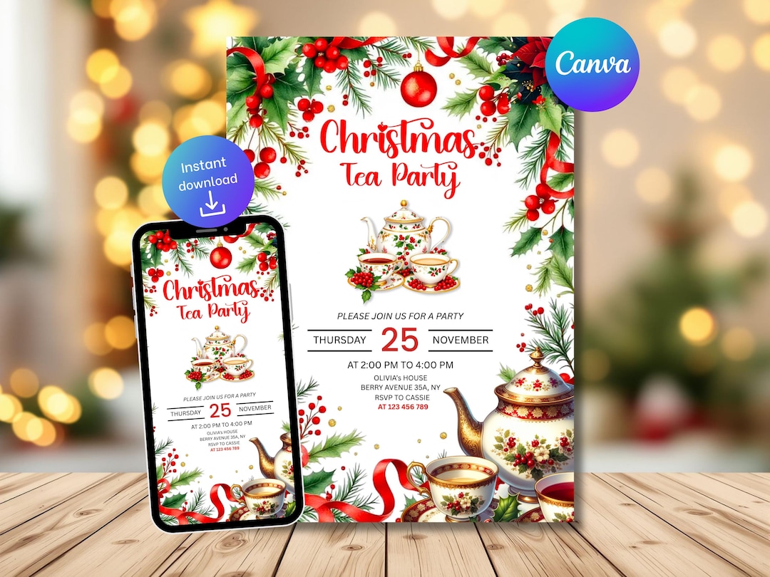 Editable Christmas Tea Party Invitation Template: Holiday Floral Tea ...