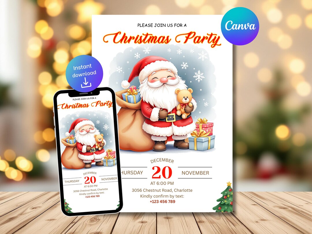 Santa Christmas Party Invitation Template, Santa Claus Invite, Winter ...
