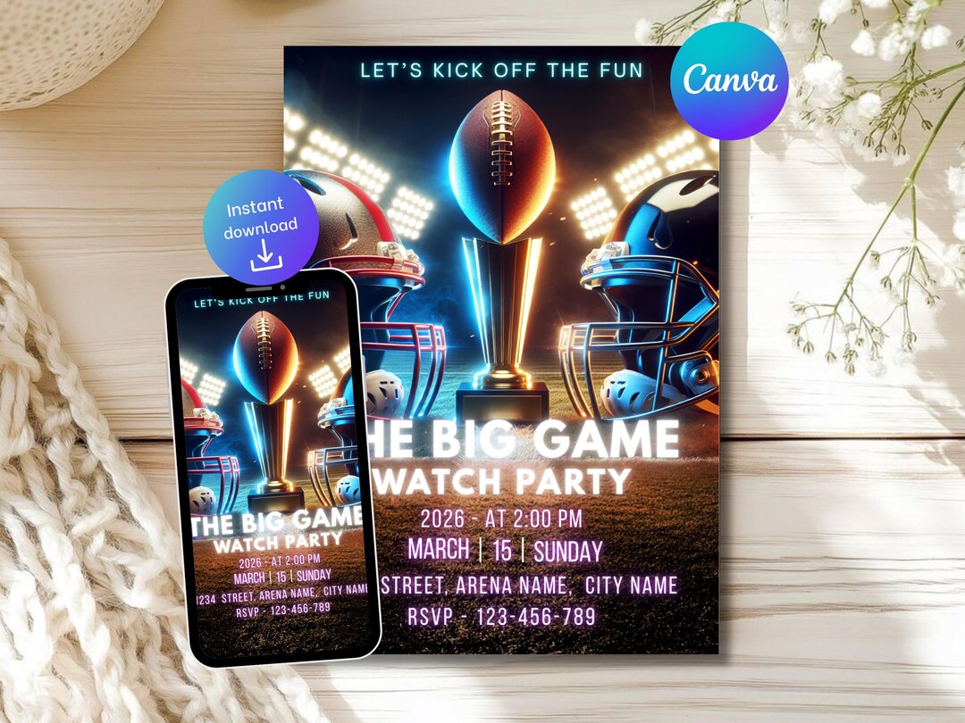 Big Game Football Watch Party Invitation, Superbowl Party Invite ...
