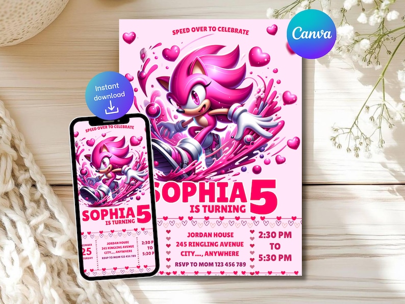 Sonic Birthday Invitation Template, Editable Amy Rose Invite, Sonic 3 ...