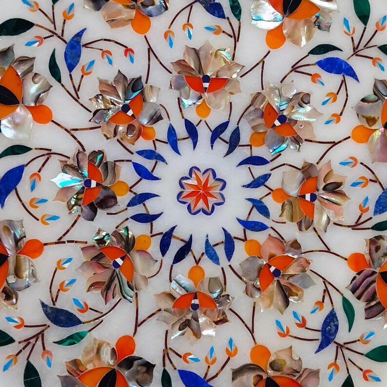 White Marble Inlay Plate, Handmade Round Serving Plate/tray, Coffee ...