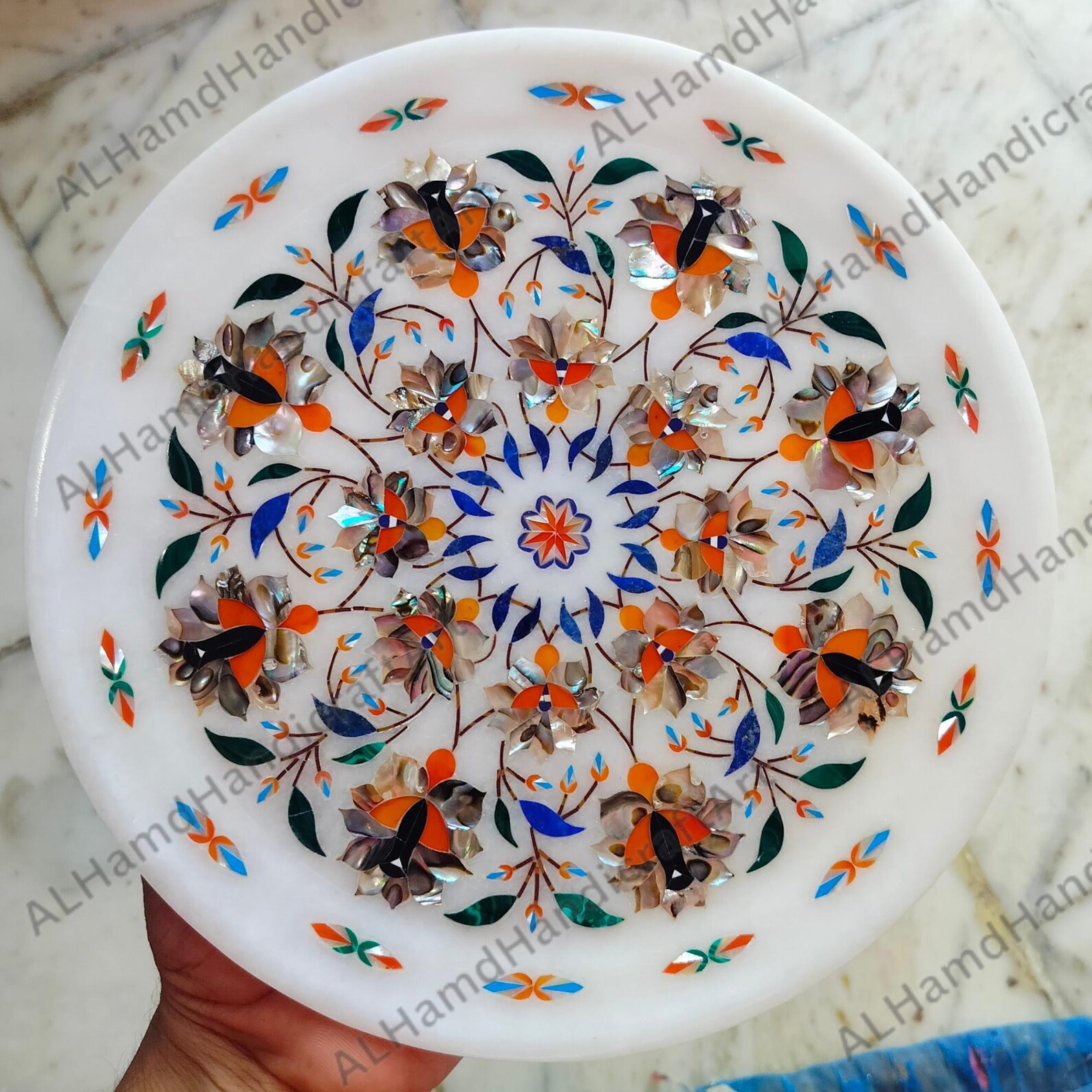 White Marble Inlay Plate, Handmade Round Serving Plate/tray, Coffee ...