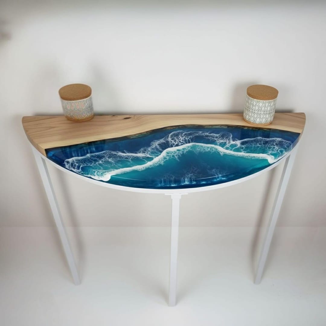 Hafl Moon Ocean Epoxy & Wood Console Table | River Resin Design ...