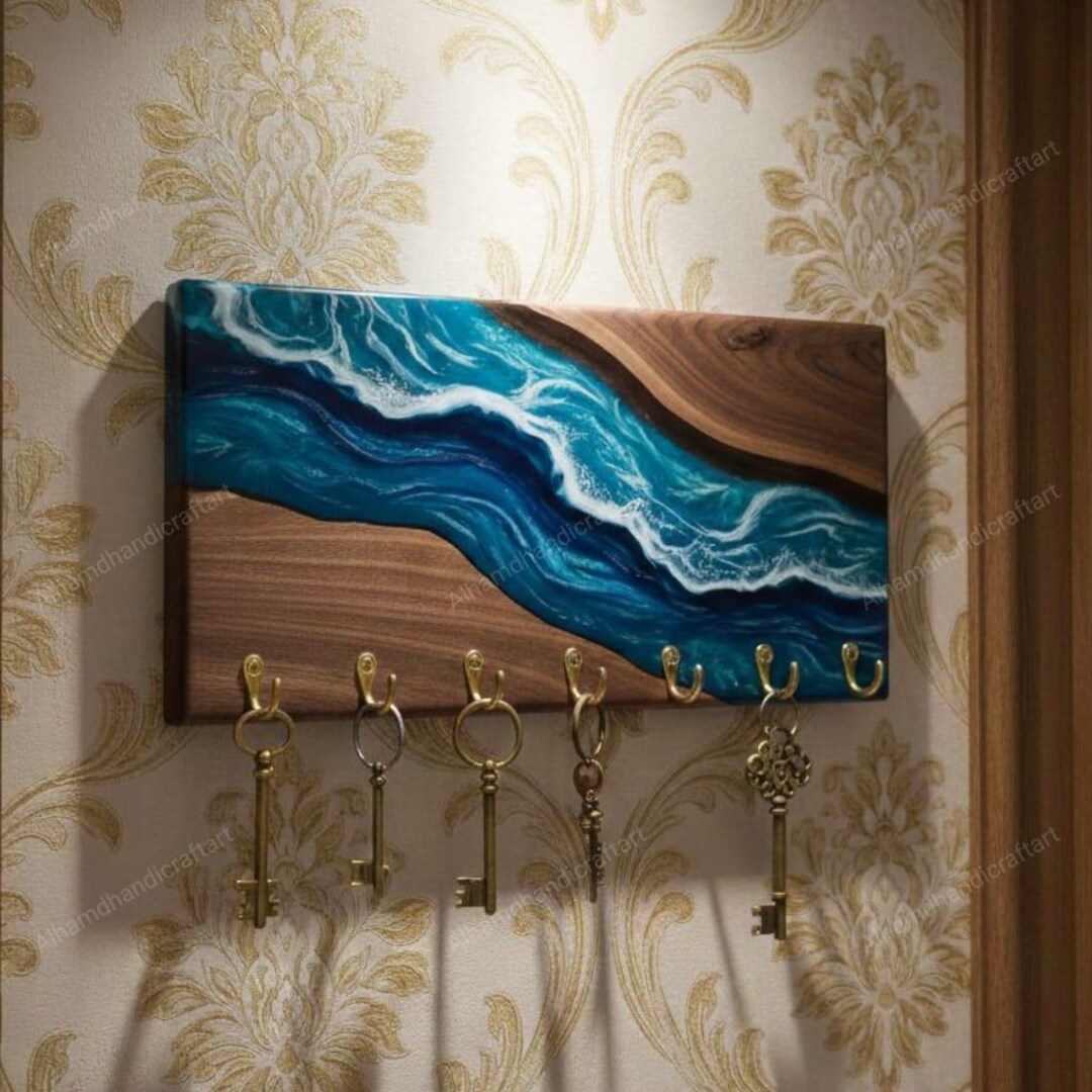 Ocean Epoxy Resin Wood Key Holder | Wall Mounted Key Organizer | Unique ...