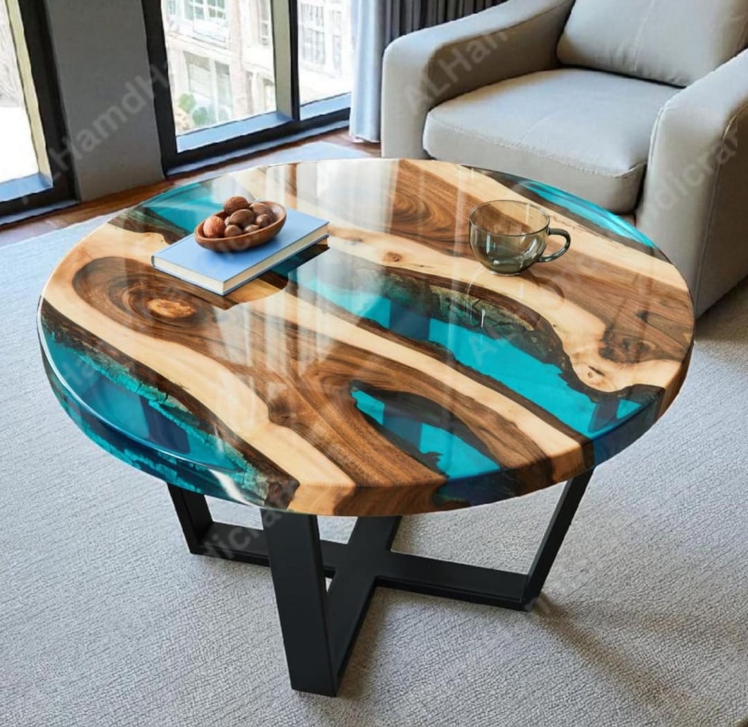 Teal Blue Epoxy Resin Coffee Table - Handmade Natural Wood Home Decor ...