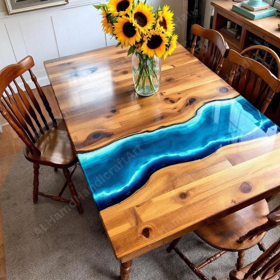 Custom Epoxy Resin River Table: Natural Wood, Handmade for Living Room ...