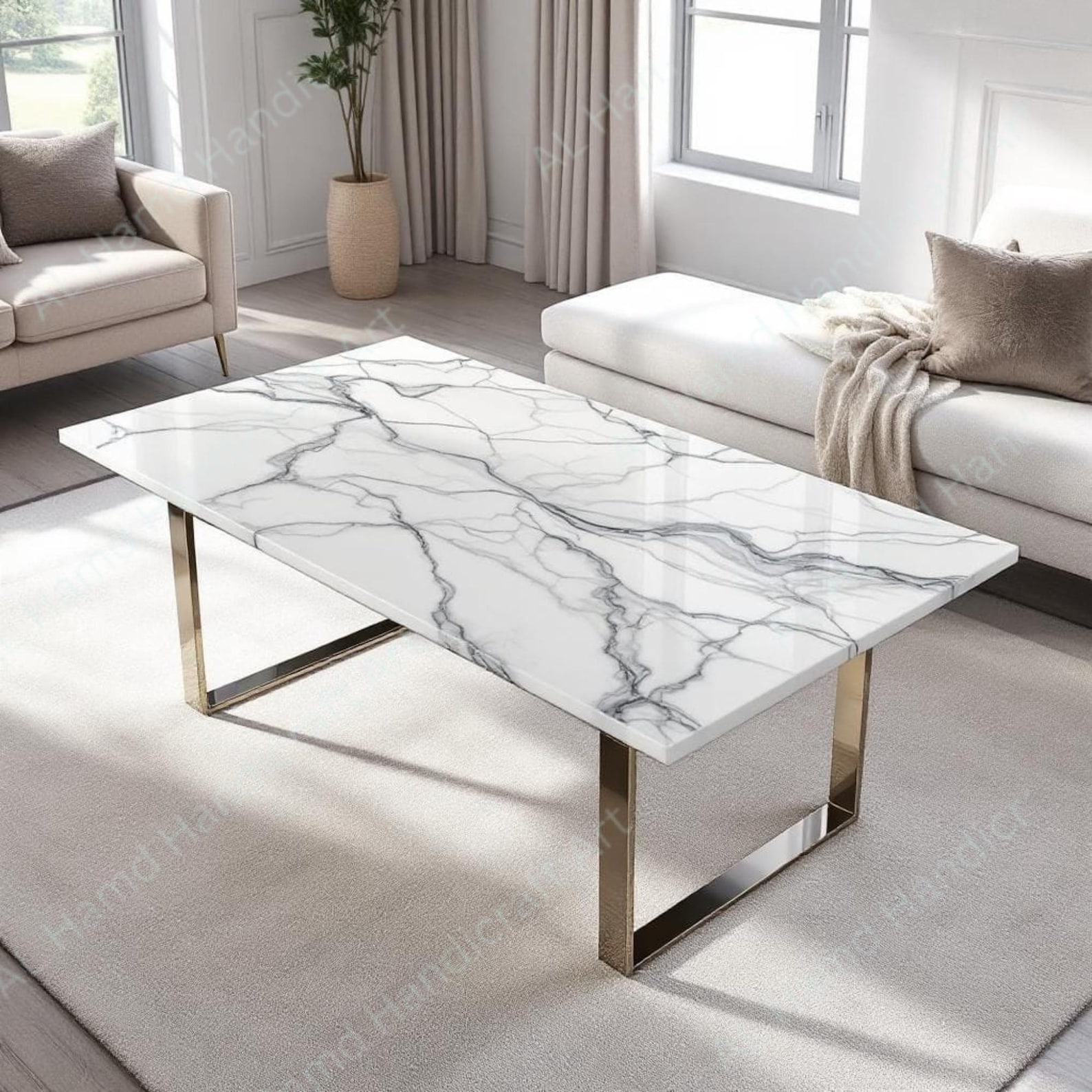 White Italian Marble Rectangle Coffee & Dining Table, Unique Table ...