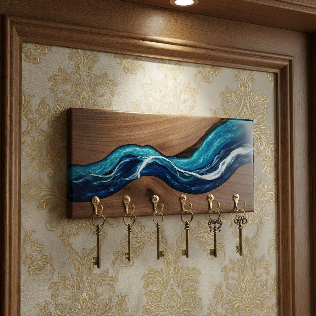 Ocean Epoxy Resin & Wood Key Holder | Handmade Wall Key Rack | Modern ...