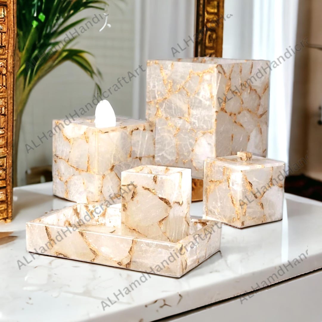 White Agate Stone Luxury Bathroom 6 Piece Set, Handmade Bathroom Set ...