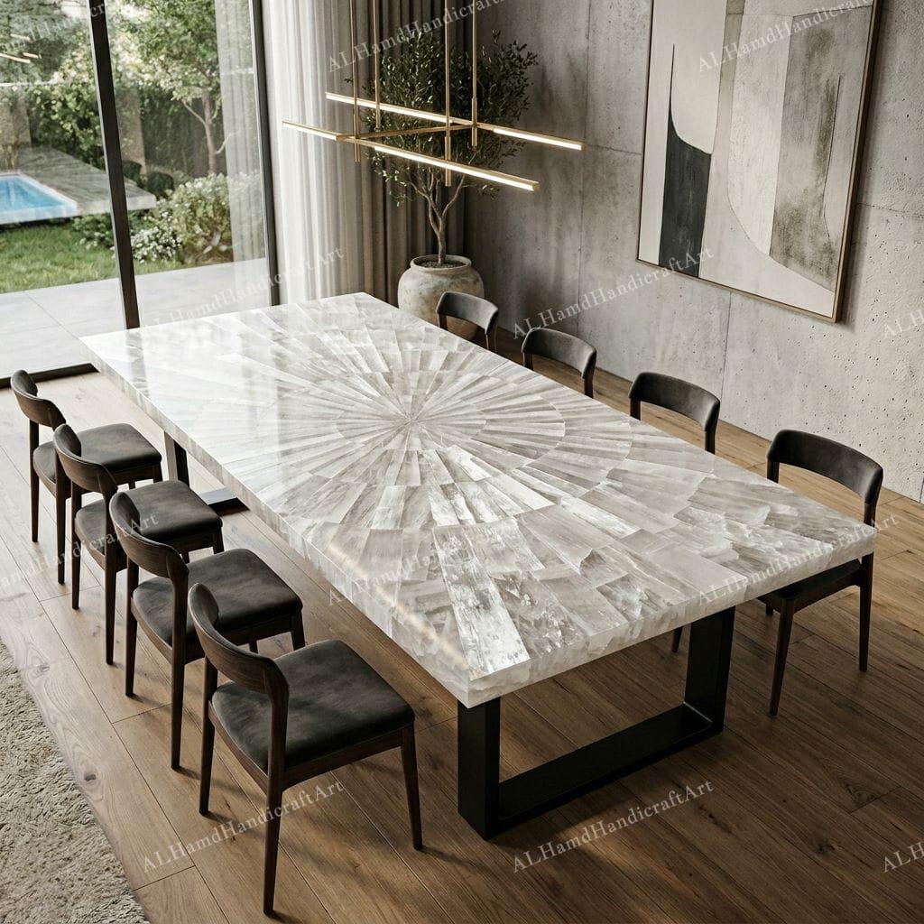 Handmade Selenite Dining Table, Luxury Gemstone Inlay Modern Designer ...