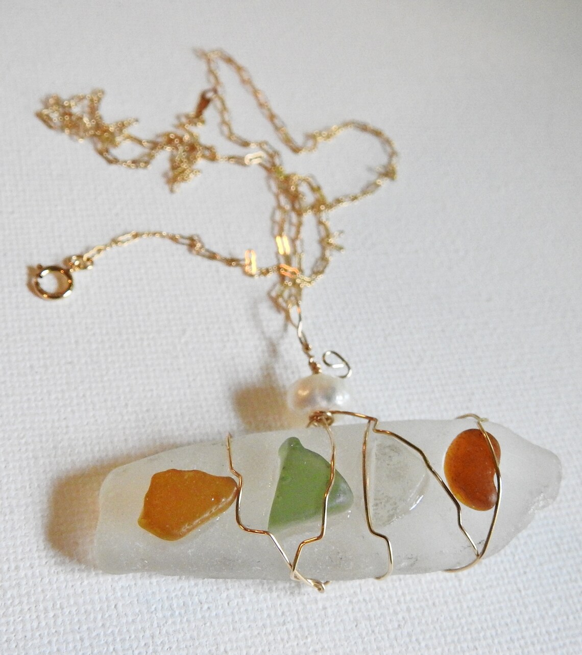 Alaska Sea Glass Mosaic Pendant,gold Wrapped, Statement Beachglass ...