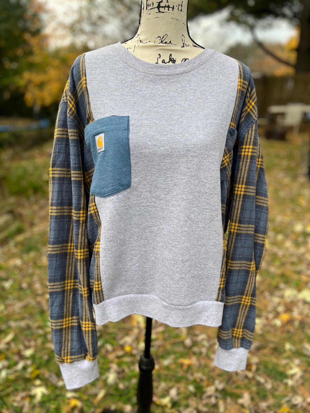 Upcycled Flannel Crewneck Sweatshirt – Reworked Carhartt Pocket, Cozy ...