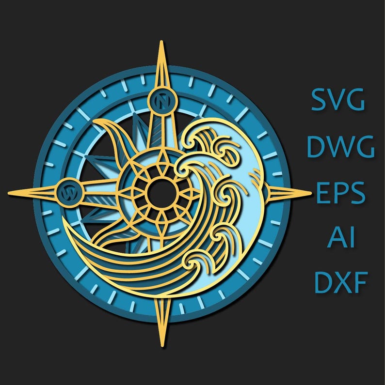 Nautical Compass & Waves SVG. Laser Cut File. Layer Construction ...