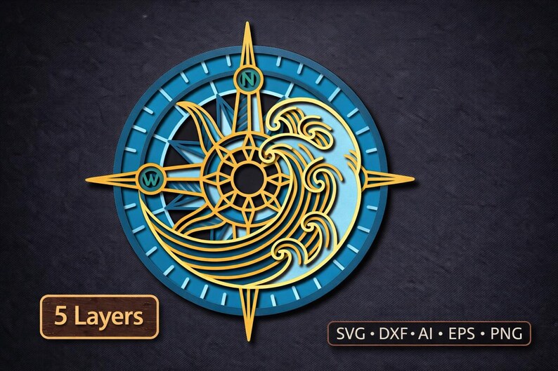 Nautical Compass & Waves SVG. Laser Cut File. Layer Construction ...