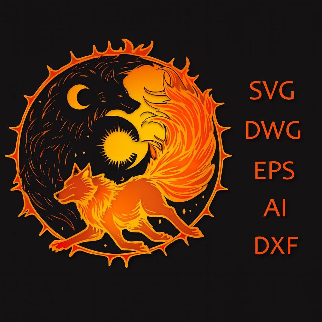 Fire & Moon Wolf SVG | Layered Fox Mandala Laser Cut File | Yin Yang ...