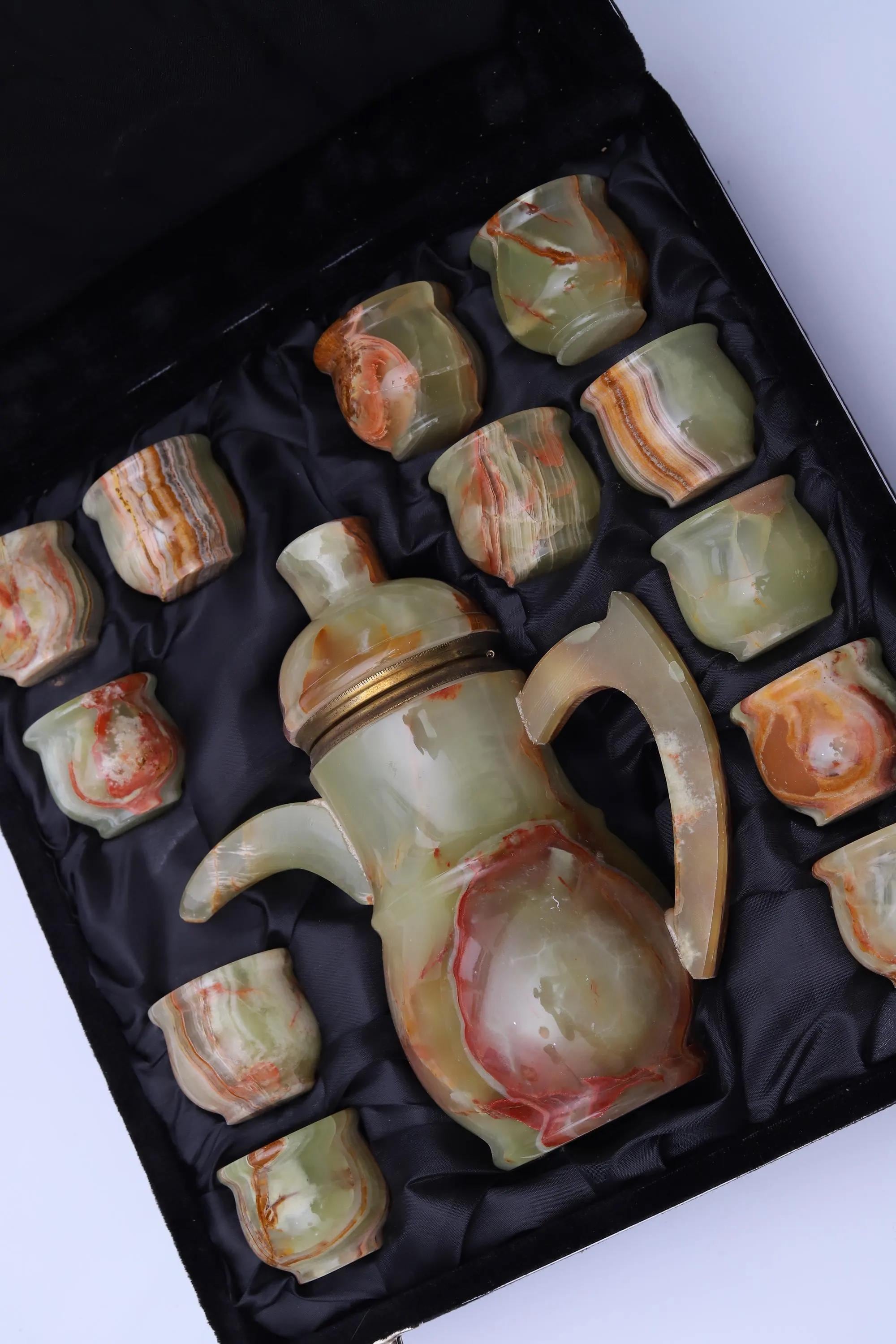 Vintage Marble Onyx Tea Set of 12 - Elegant Stone Tea Cups and Teapot ...