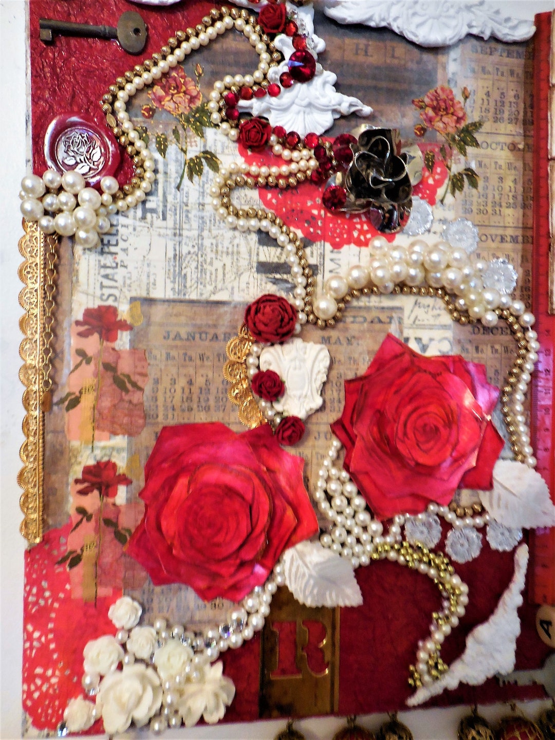 Mixed Media Collage, Red Roses Painting, Red Rose Gift, Original Mixed ...