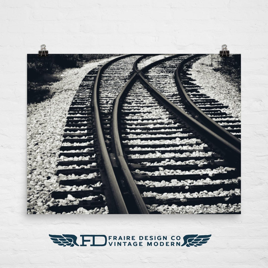 Black and White Railroad Tracks Photography Print - Industrial Forked ...