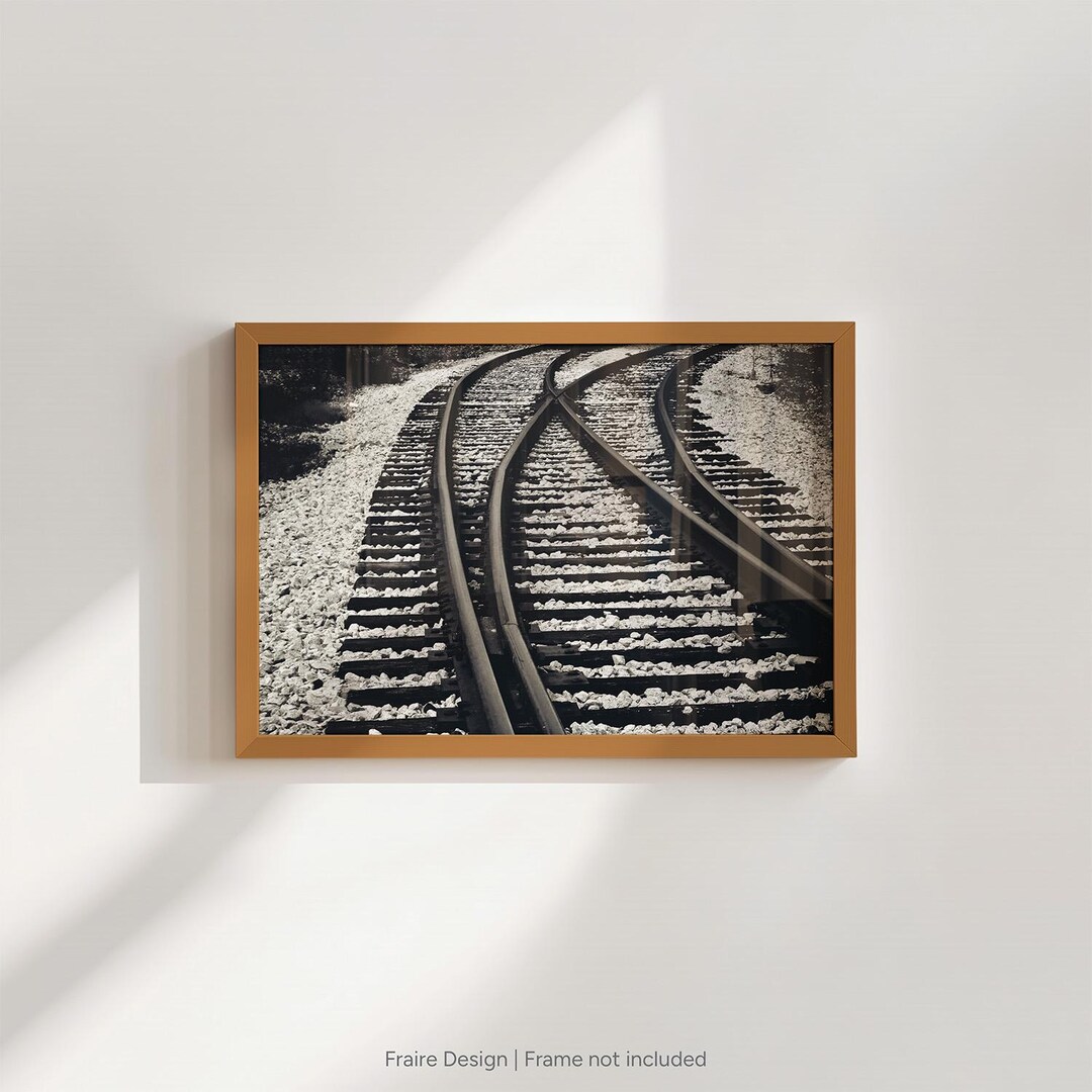 Black and White Railroad Tracks Photography Print - Industrial Forked ...