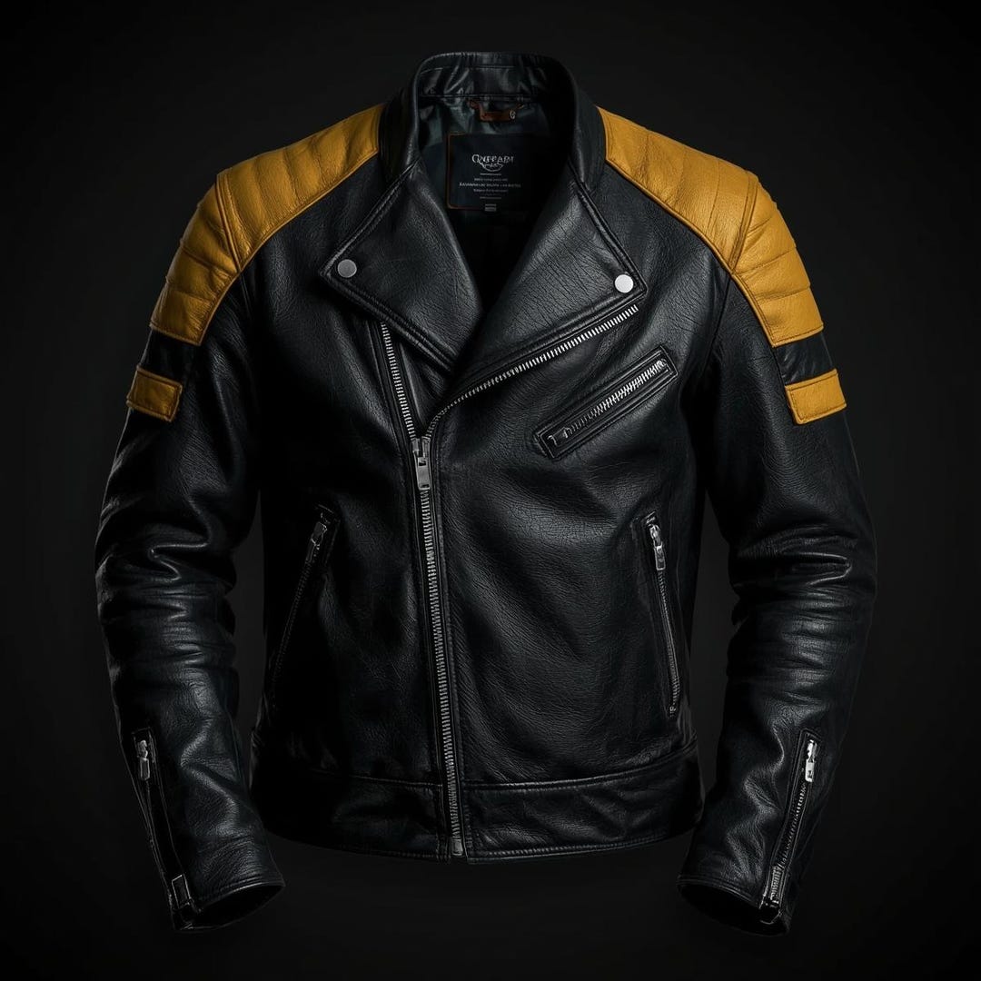 Black Leather Biker Jacket Men | Yellow Shoulder Moto Jacket ...