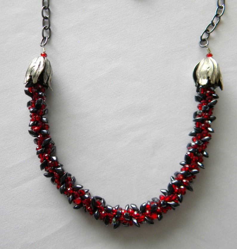 Kumihimo Deep Red Chinese Crystals & Black Shiny Hematite Color ...