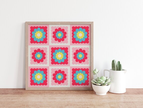 Checkerboard Mod Flowers Granny Square Art Print - Etsy