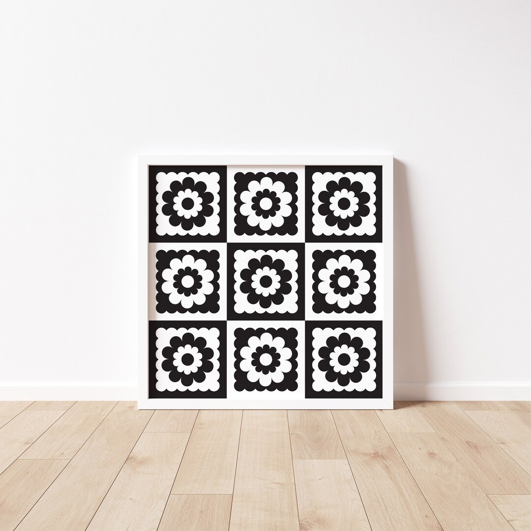 Black and White Checkerboard Mod Flowers Granny Square Art Print - Etsy