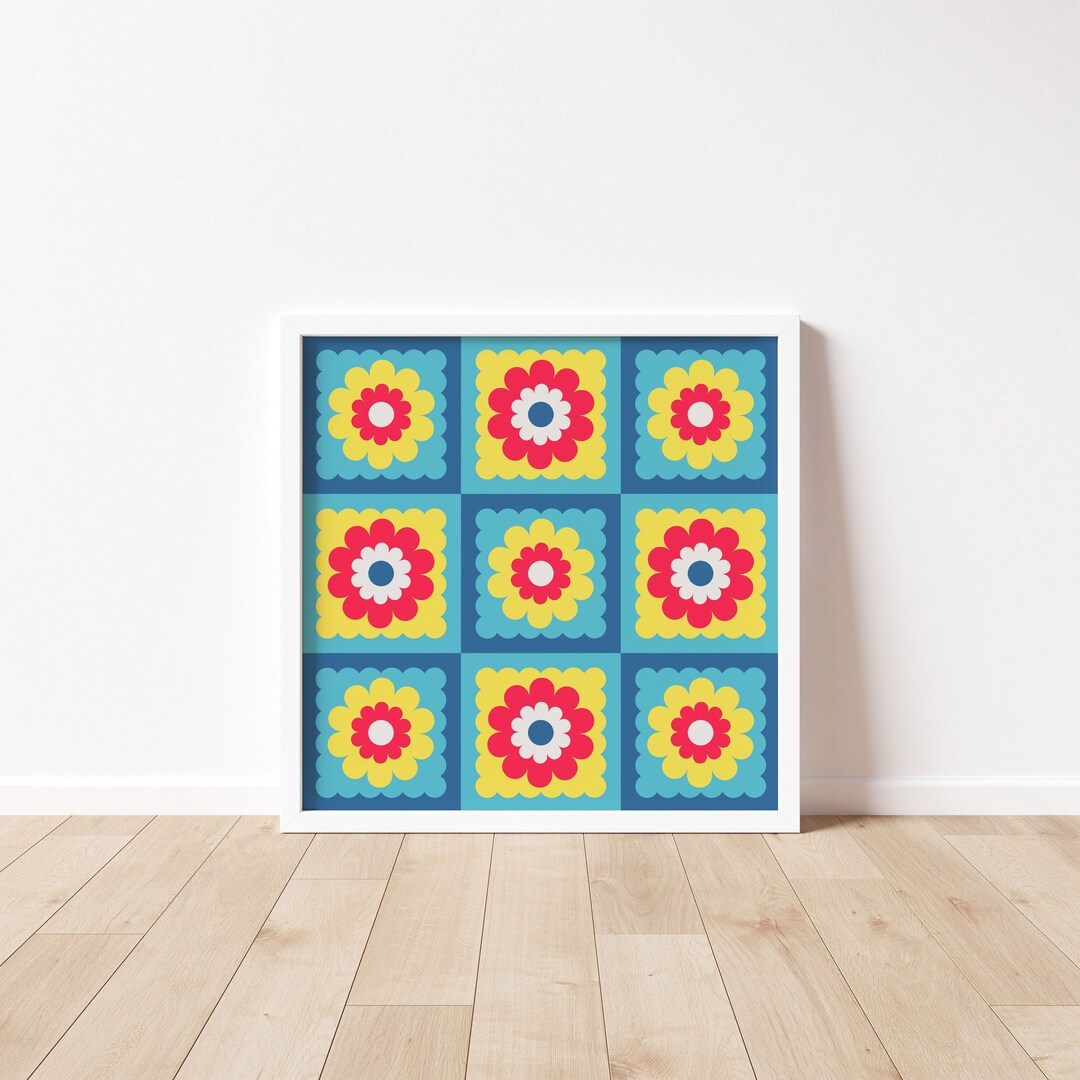 Checkerboard Mod Flowers Granny Square Art Print Primary Colors - Etsy