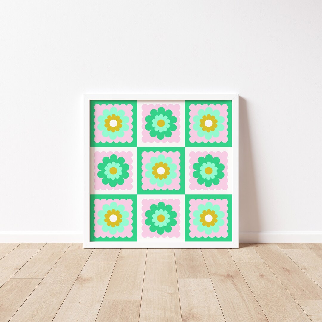 Checkerboard Mod Flowers Granny Square Art Print - Etsy