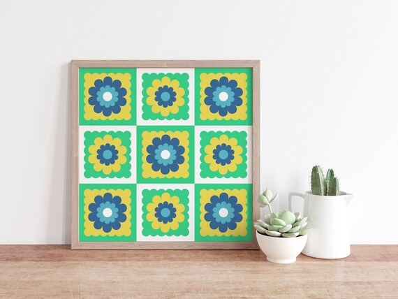 Checkerboard Mod Flowers Granny Square Art Print Green Yellow - Etsy
