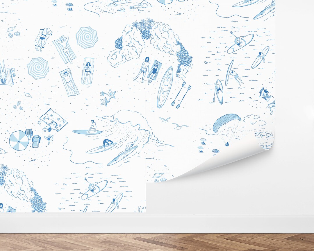 Day at the Beach Wallpaper, Peel and Stick, Coastal Toile Print, Blue ...