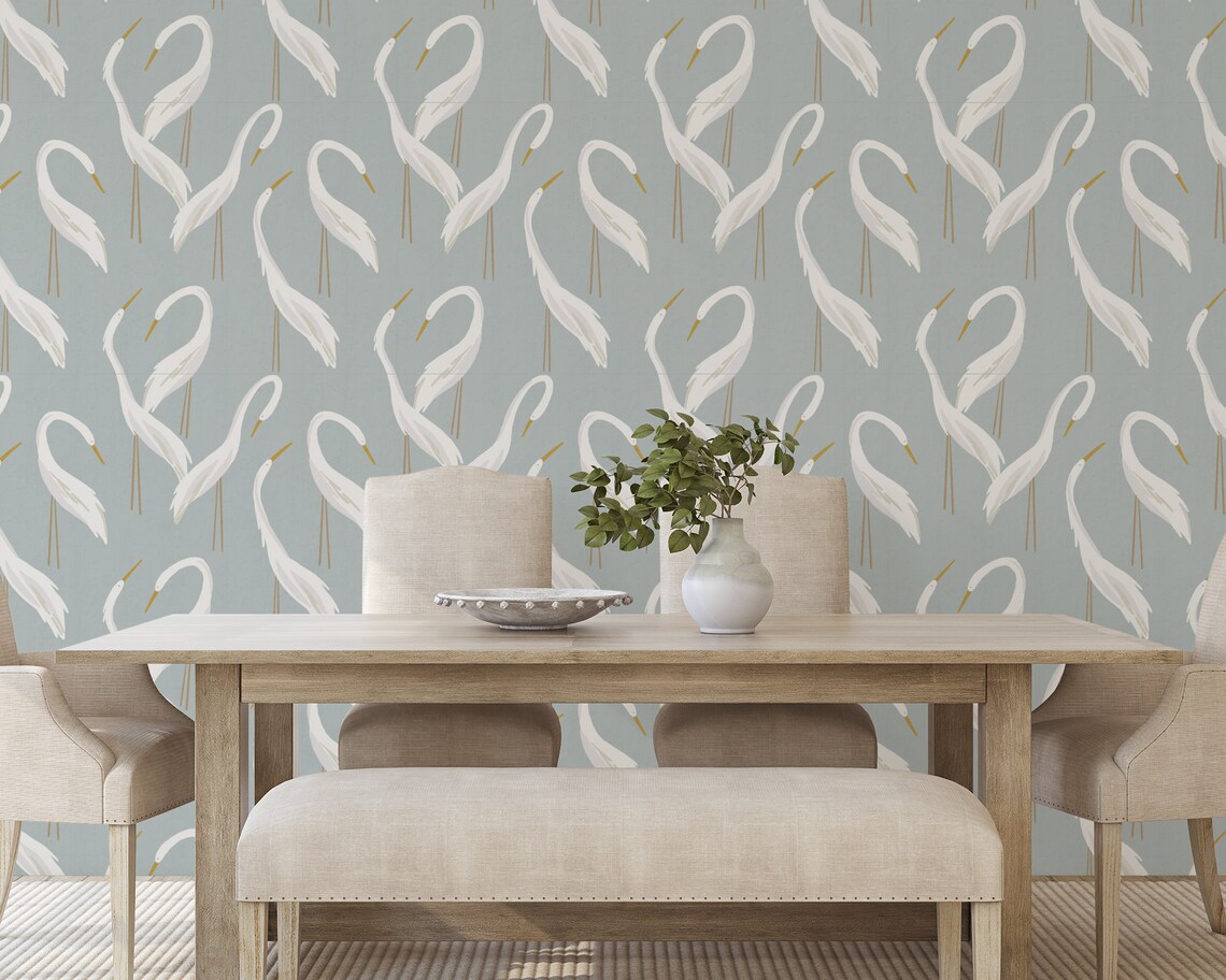 Mod Heron Wallpaper Midcentury Modern Birds Ocean - Etsy