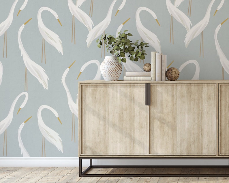 Mod Heron Wallpaper Midcentury Modern Birds Ocean - Etsy